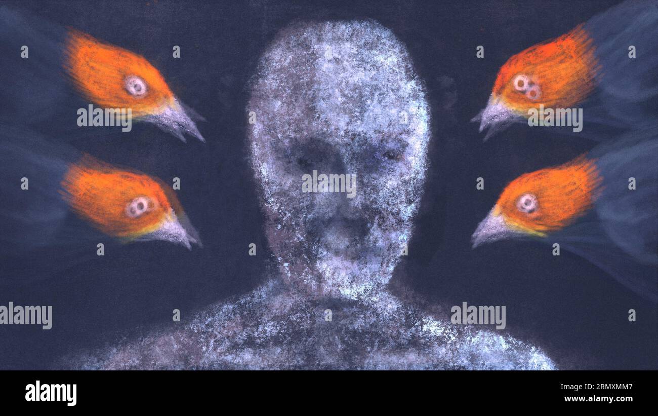 Concept illustration, person frightened by birds, mental illness ...