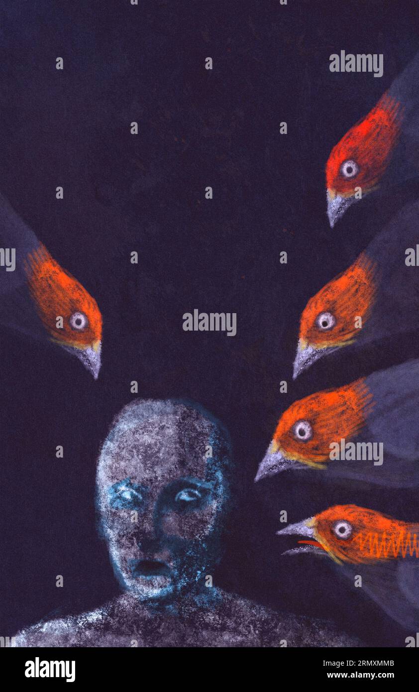 Concept illustration, person frightened by birds, mental illness ...