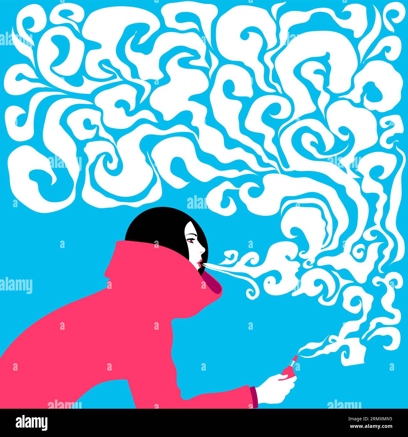 Contemporary colorful artistic illustration of person vaping on blue ...