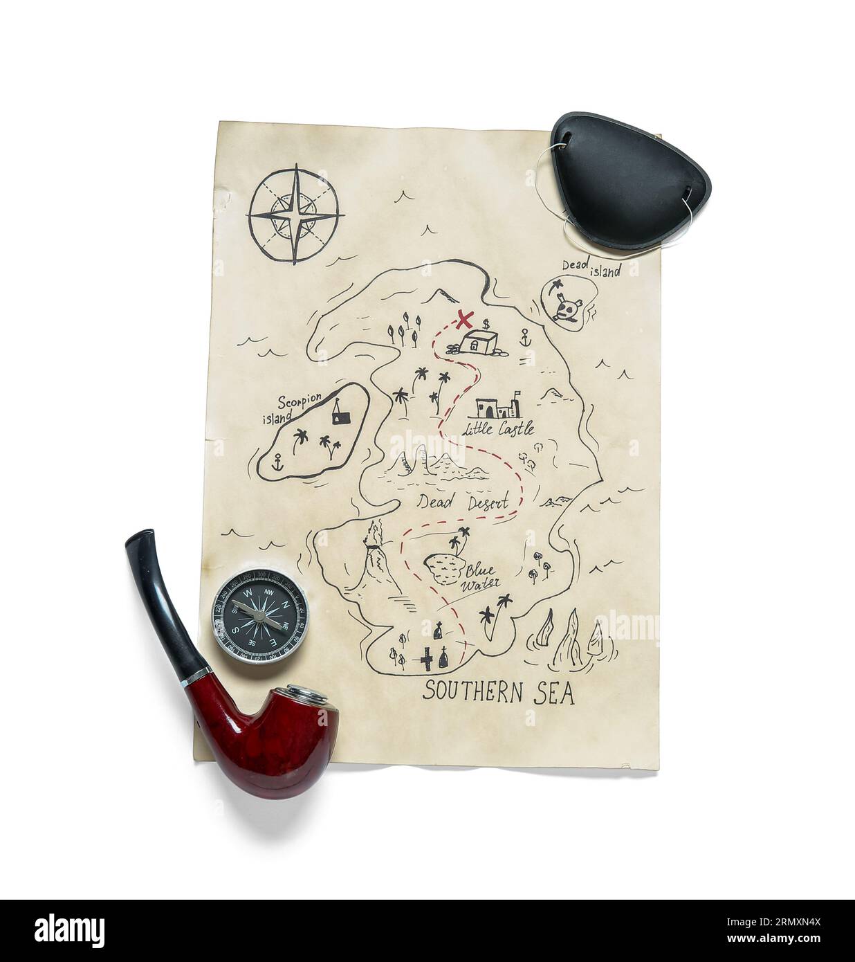 Treasure map with smoking pipe, compass and pirate eye patch isolated ...