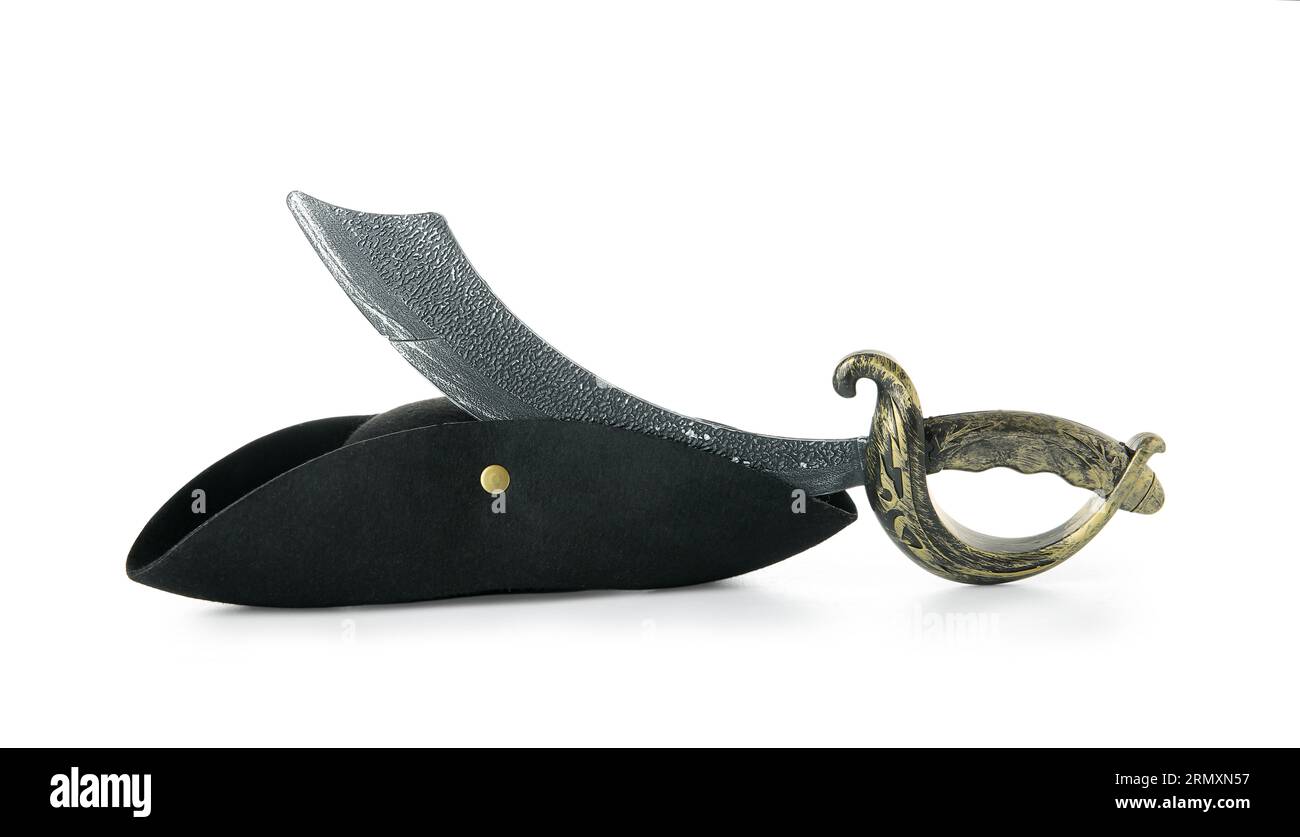 Pirate hat with sword isolated on white background Stock Photo - Alamy
