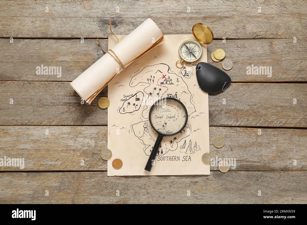 Treasure map with pirate eye patch, magnifier, compass and scroll on ...