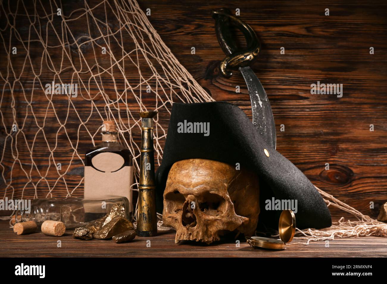Human skull with pirate hat, golden nuggets, bottle of rum and travel ...