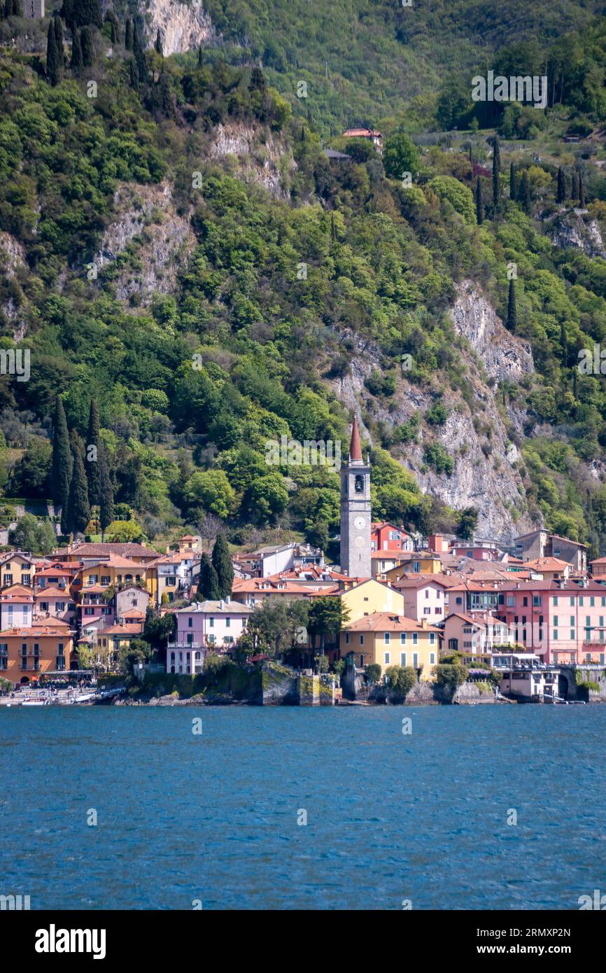 View of beautiful colorful town of Varenna on the eastern shore of Lake ...