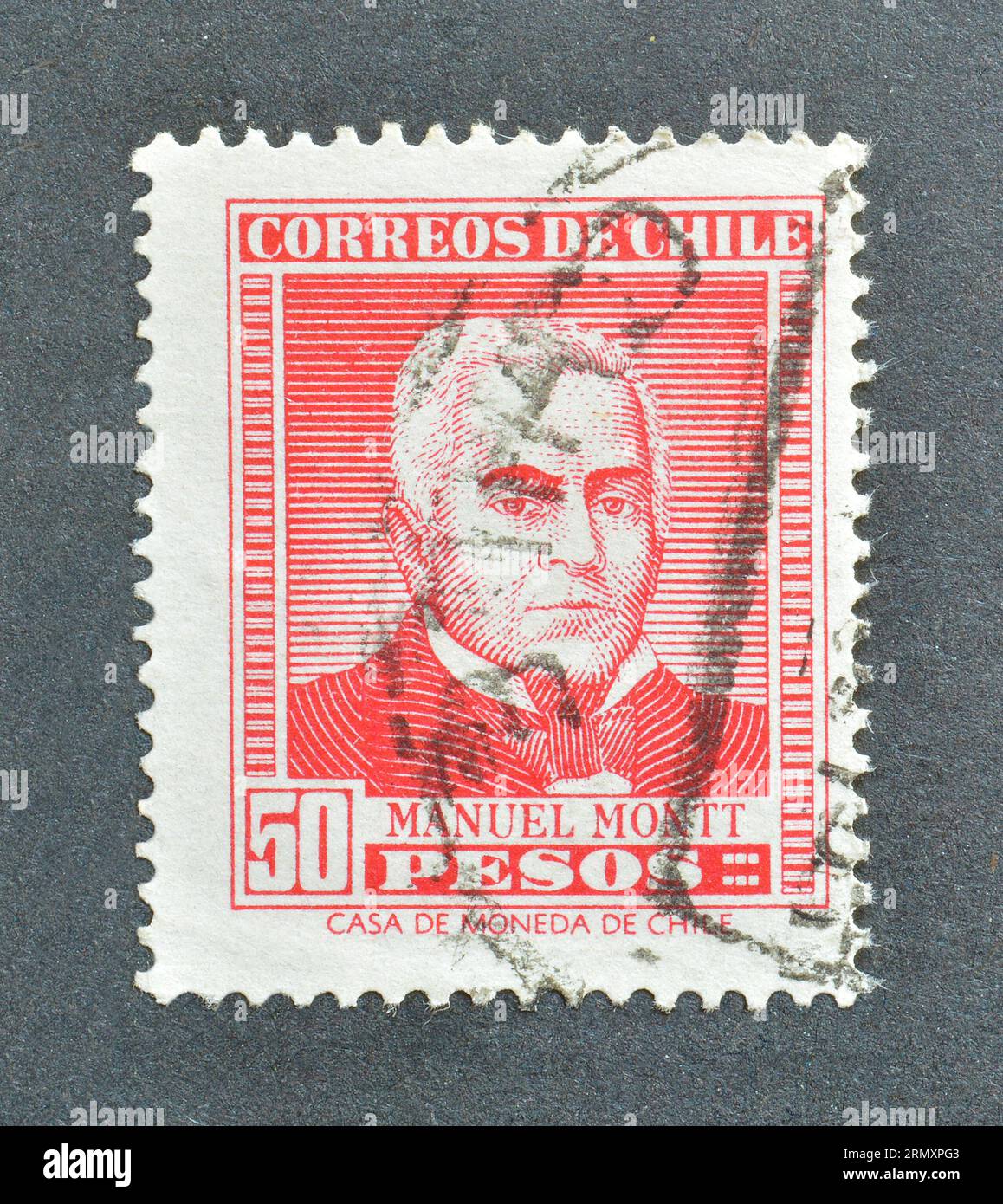 Cancelled postage stamp printed by Chile, that shows portrait of Manuel ...