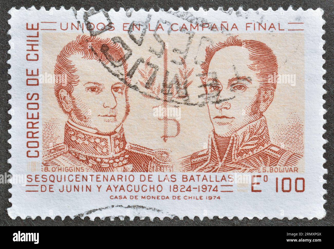 Cancelled postage stamp printed by Chile, that shows O'Higgins and ...