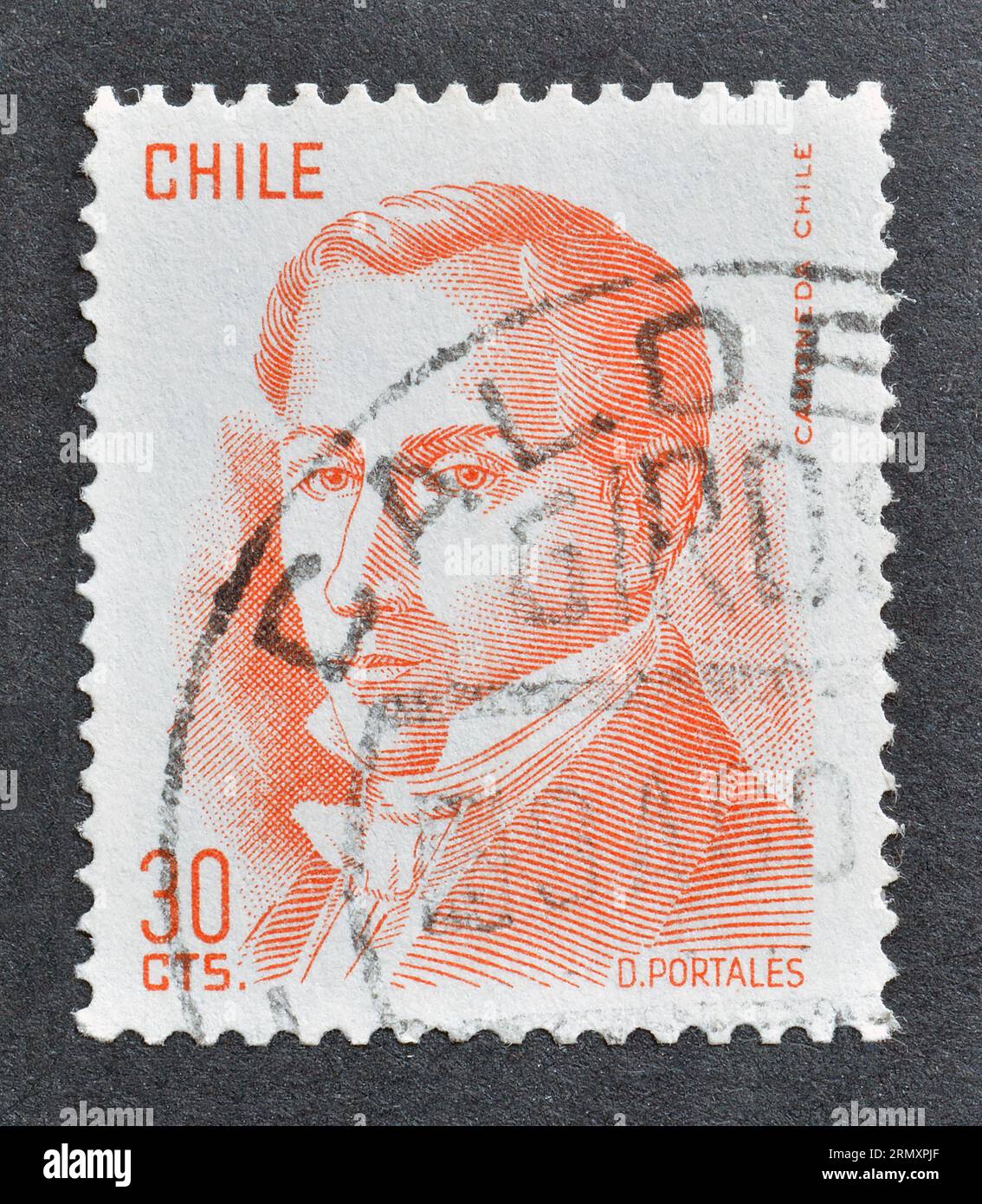 Cancelled postage stamp printed by Chile, that shows portrait of Diego ...