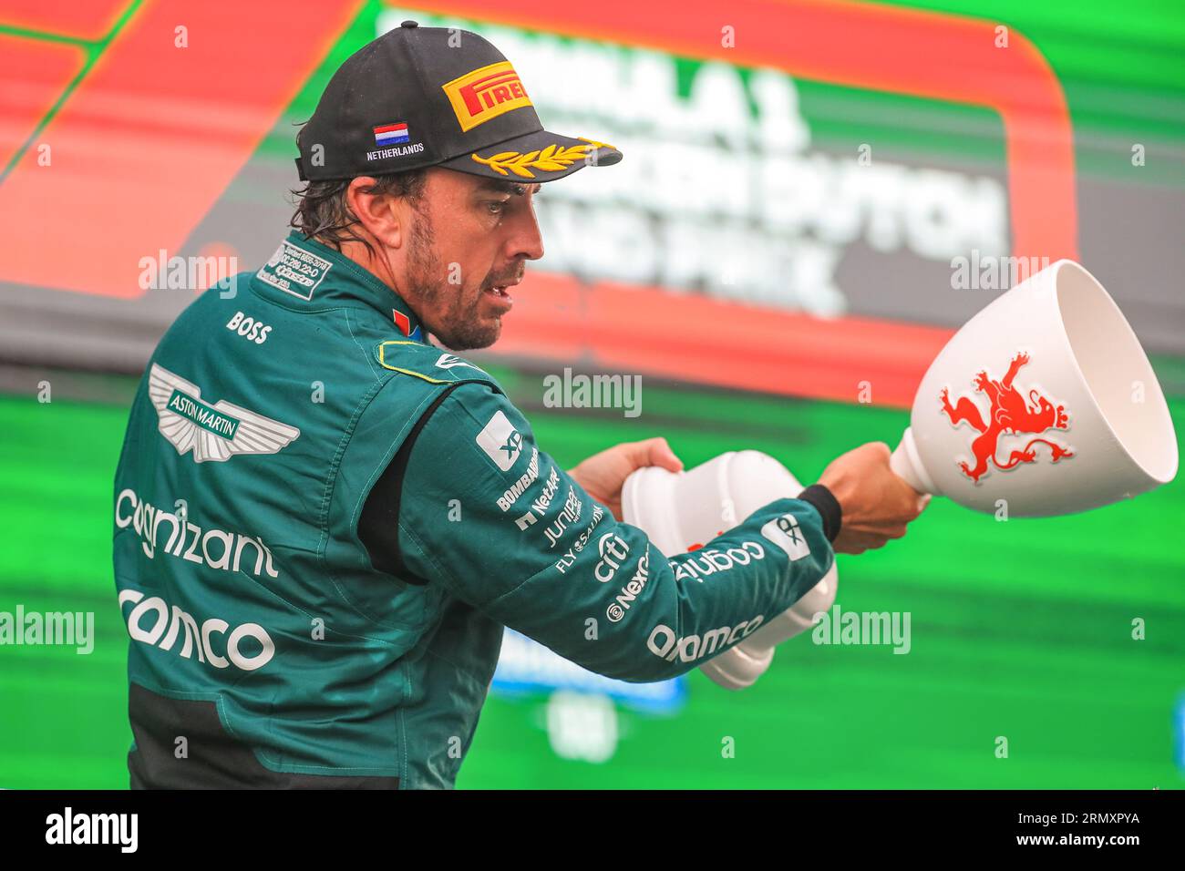 Fernando Alonso 14 (SPA), Aston Martin AMR-23 with 2nd place trophy ...
