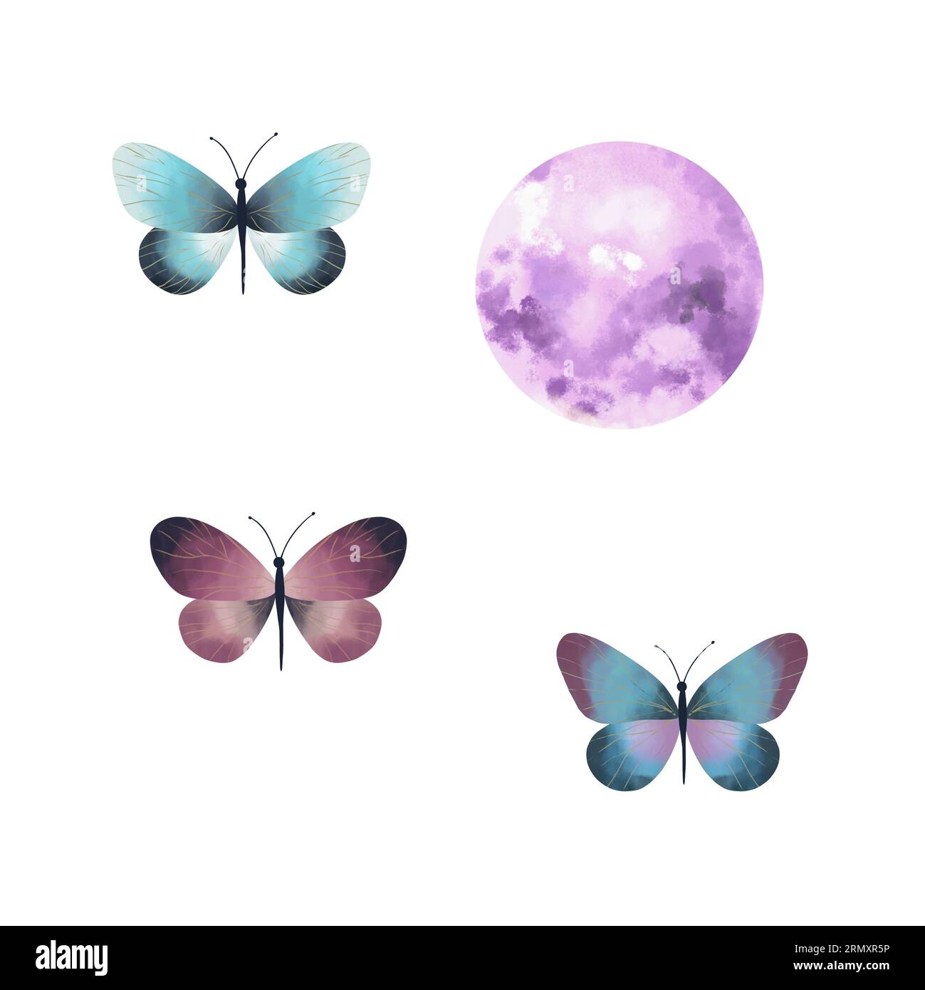 Watercolor blue and purple butterflies and moon. Illustration for ...