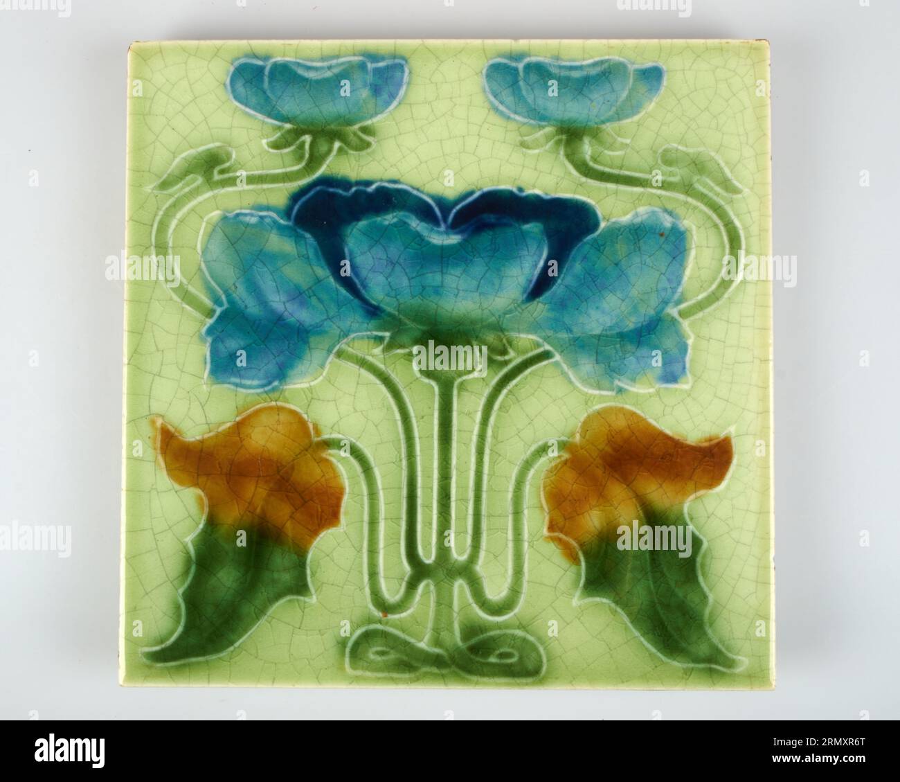 Antique 1900s Thomas Boote & Son Art Nouveau blue flower pottery tile ...