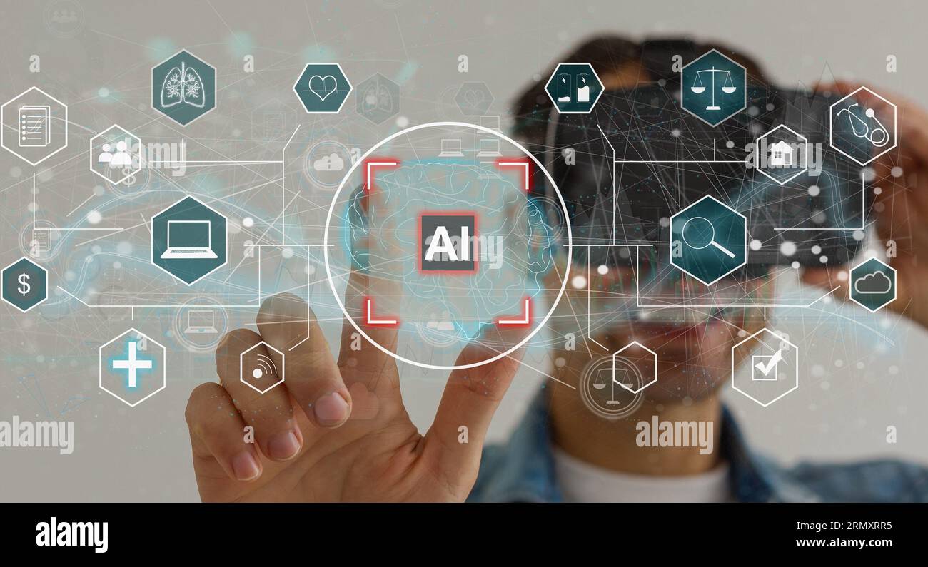 A hand reaches out to touch and activate ai, or artificial intelligence ...