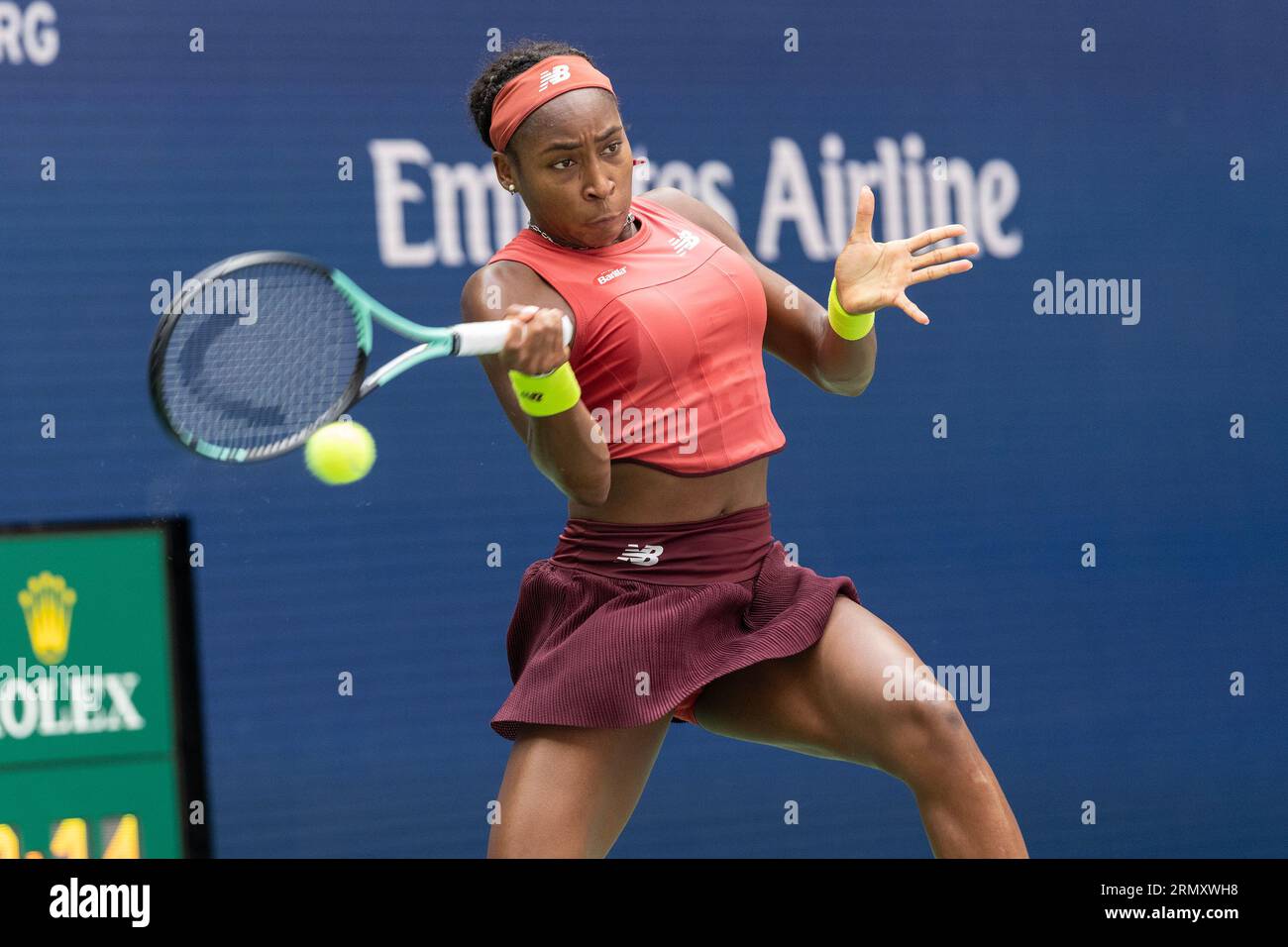 New York, USA. 30th Aug, 2023. Coco Gauff of USA returns ball during 2nd round against Mirra ...
