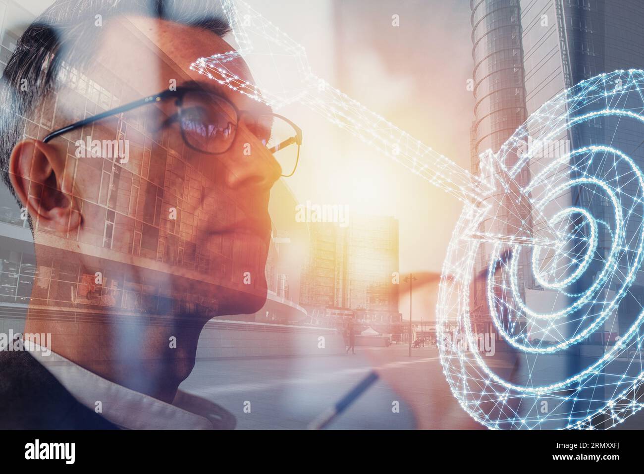 Successful man works to achieve the goals. double exposure effects ...
