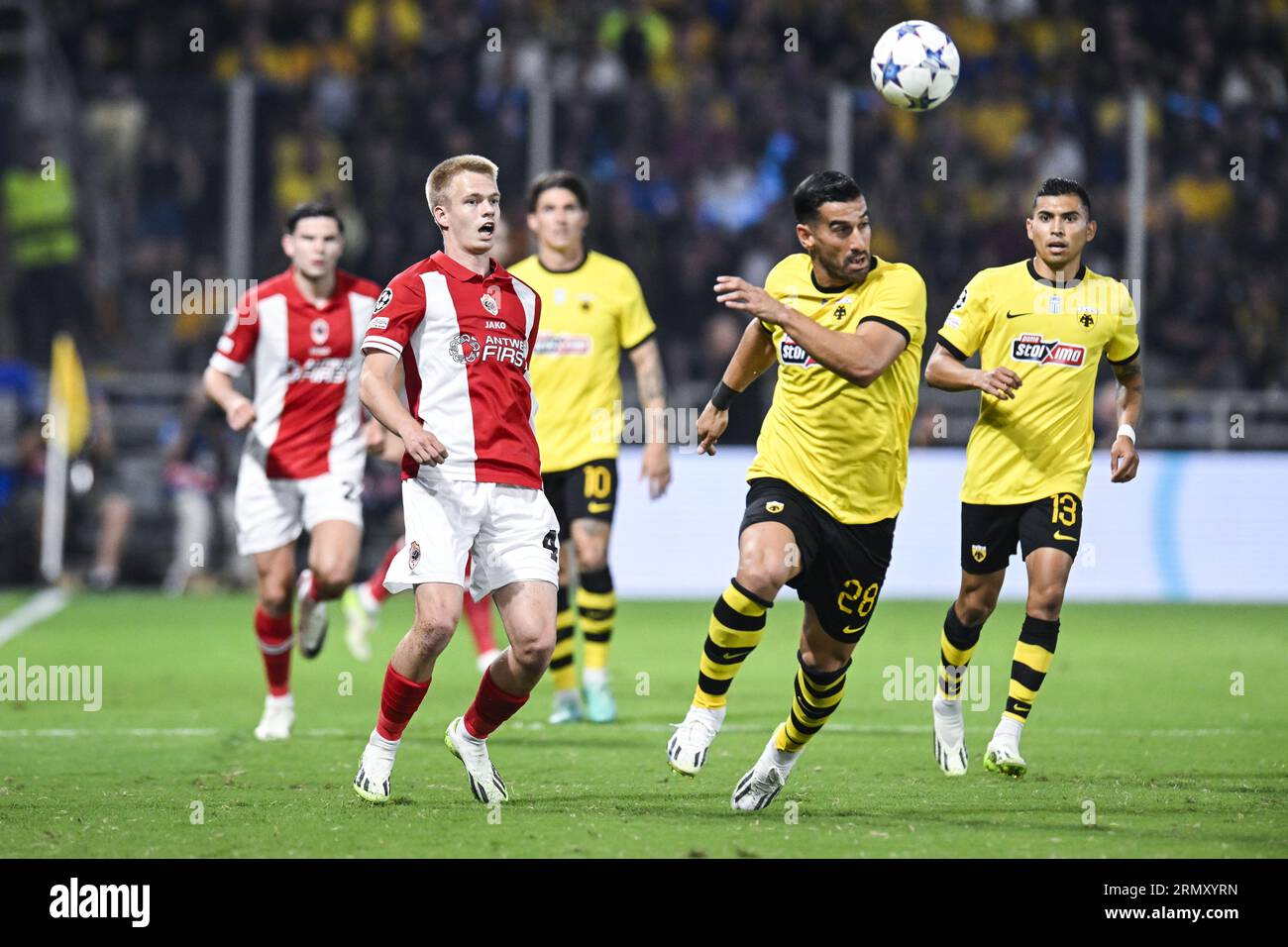 Athens, Greece. 30th Aug, 2023. Antwerp's Arthur Vermeeren and Athens' Ehsan Hajsafi pictured in ...