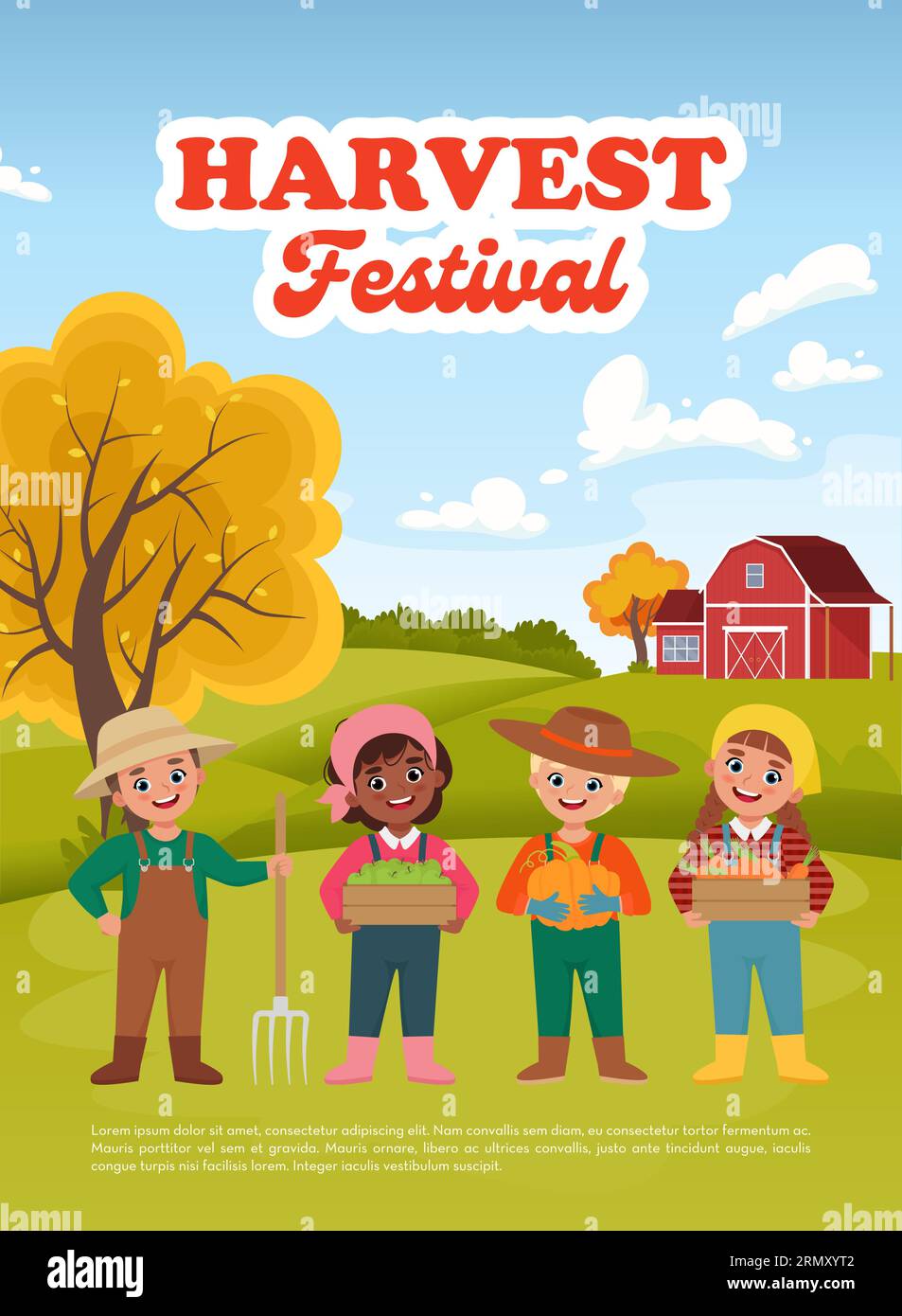 Harvest Festival Poster. Cute Children with harvested vegetables and ...