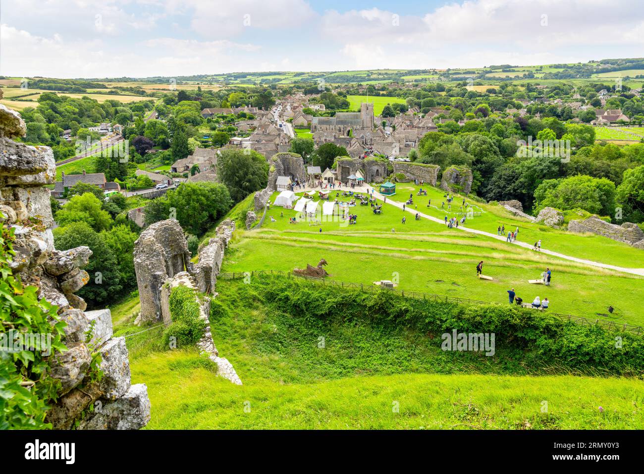 View from the ruins of the medieval 11th century Corfe Castle of the ...