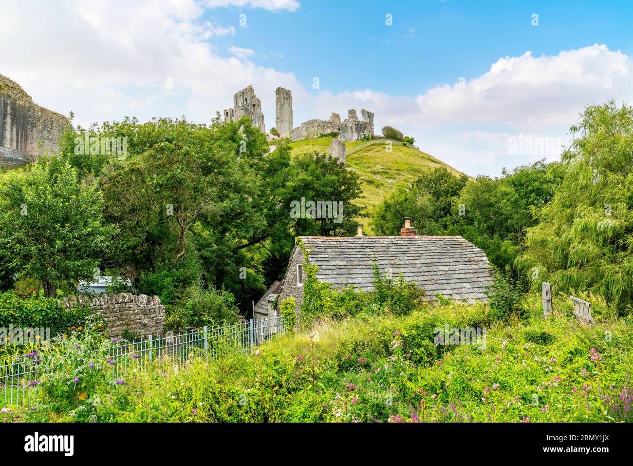 View of Corfe Castle, a fortification standing above the village of ...