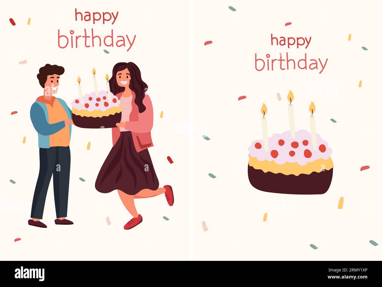 People celebrate birthday. Friends bearing presents and cake. Shared ...