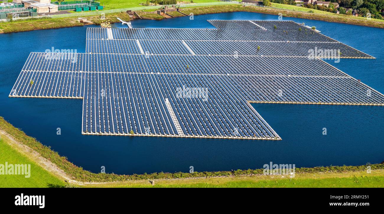 Floating solar panels in Godley, Manchester, United Kingdom. Aerial ...