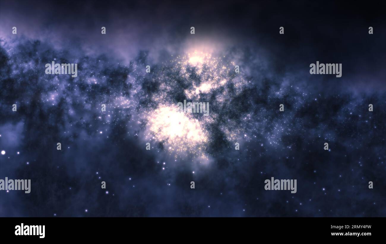 3D rendering of a bright galaxy consisting of nebulae and star clusters ...