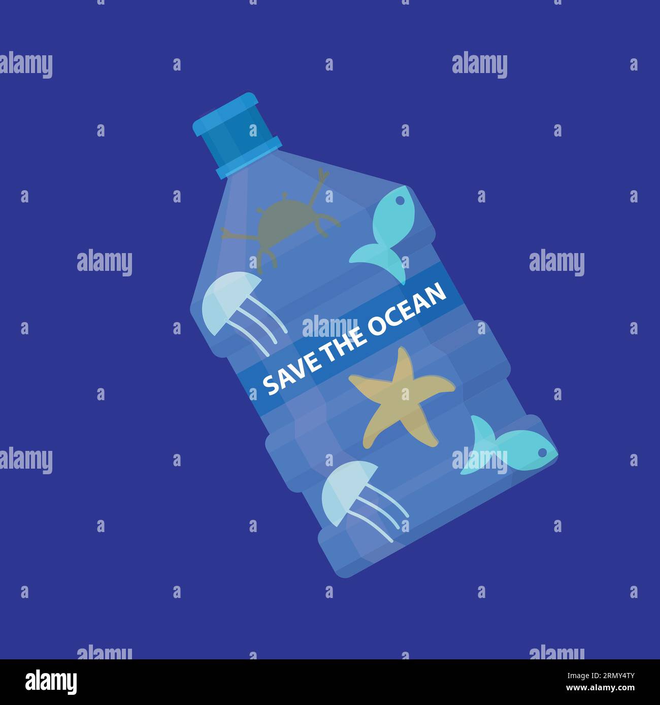 Water gallon with fish, starfish, crab and jellyfish inside and with ...