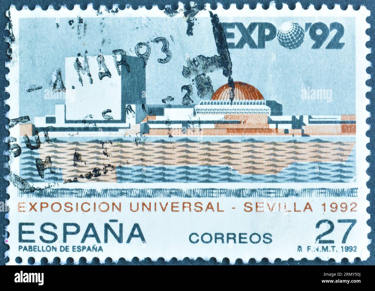 Cancelled postage stamp printed by Spain, that shows Expo '92 World's ...