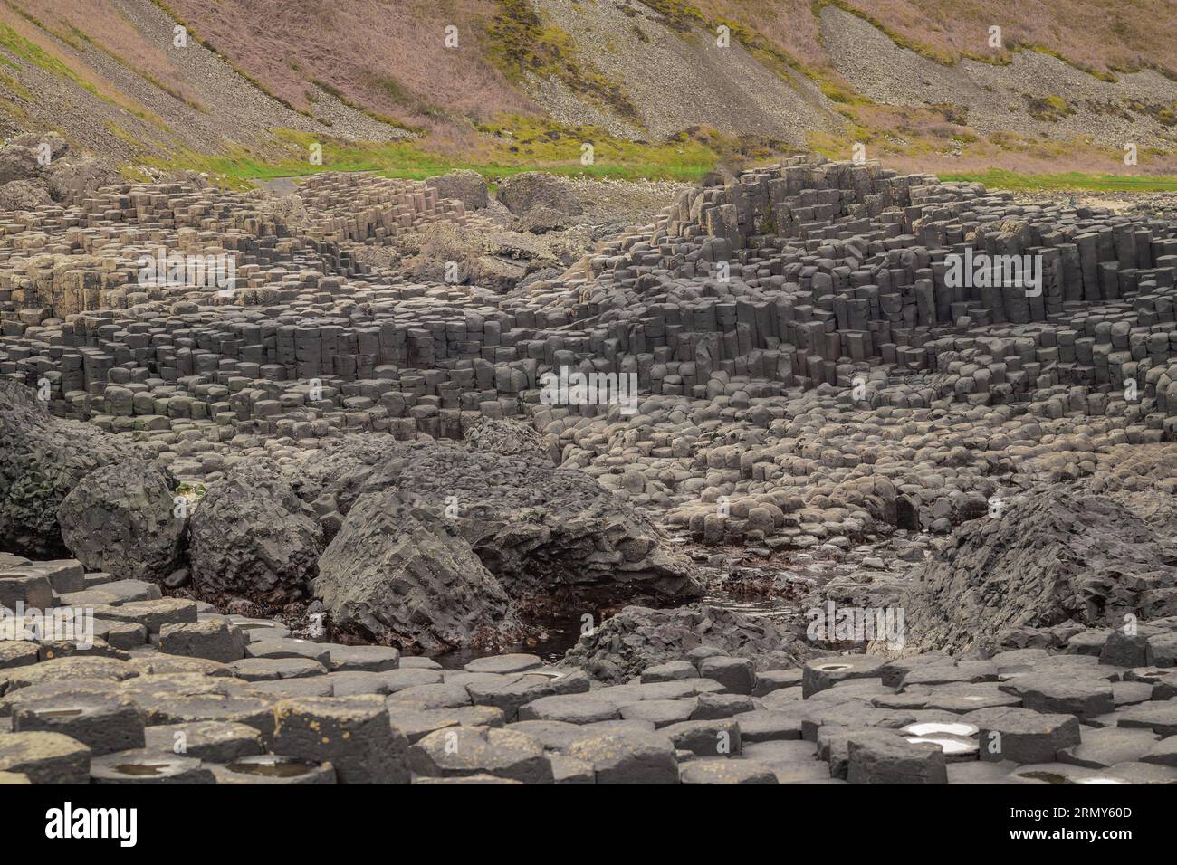 Panorama of hexagonal stones or pillars at Giants causeway in northern ...