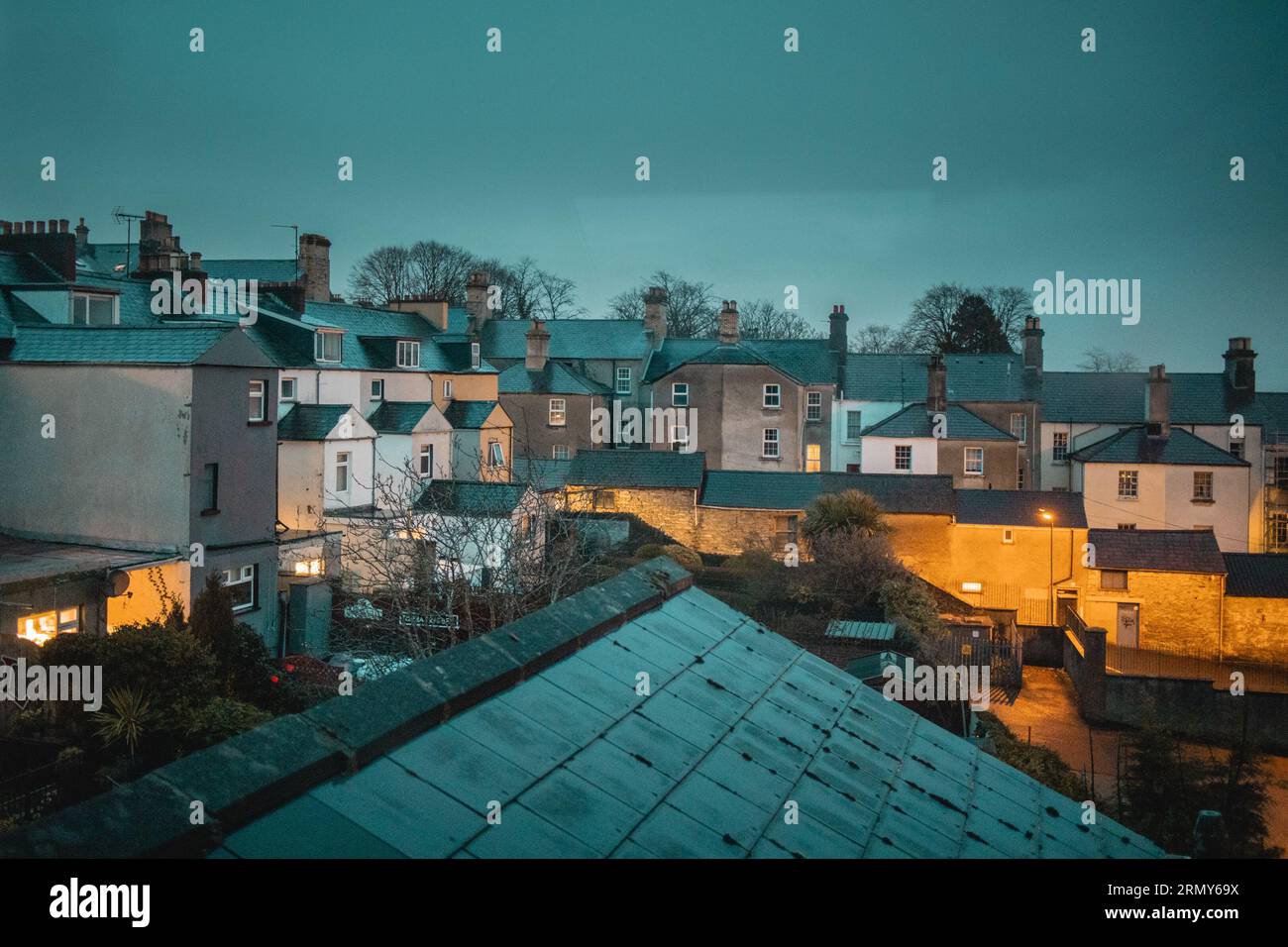 Typical houses at night in a derry suburb viewed from a high window or ...