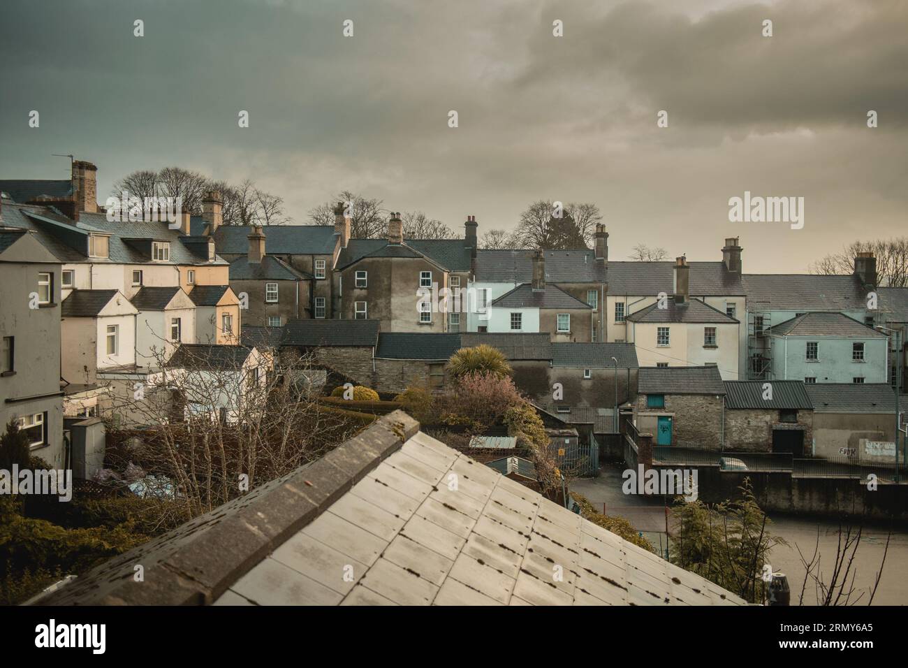 Typical houses in a derry suburb viewed from a high window or roof ...