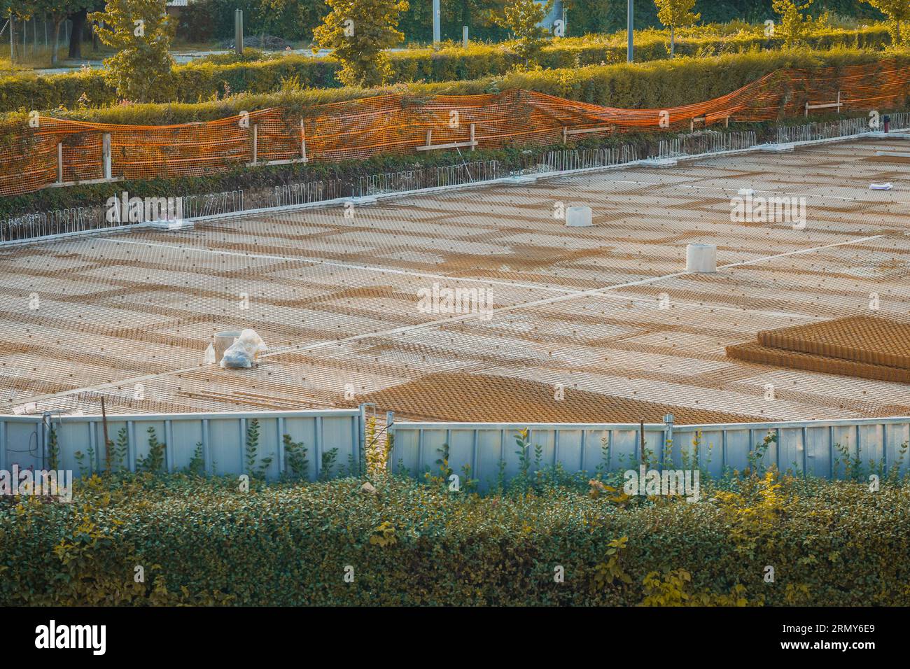 Web of metal rebar or armature steel seen on a construction site, big ...