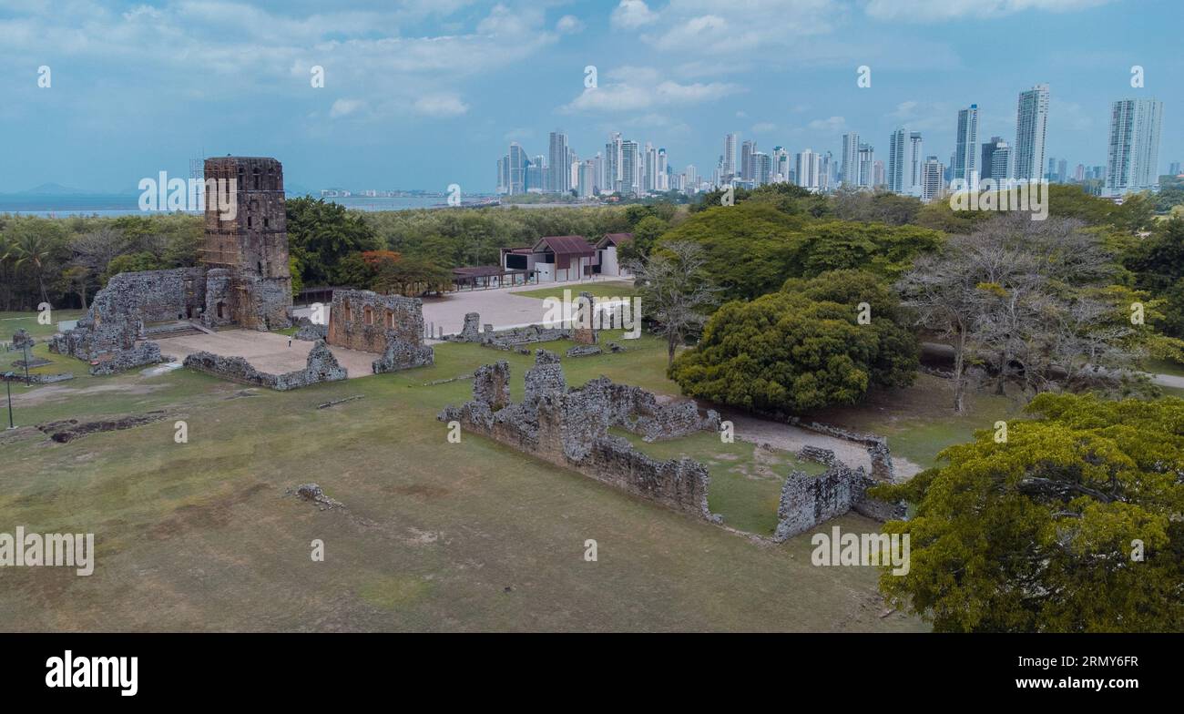 Aerial drone view of Panama Viejo historical city, first settlement of ...