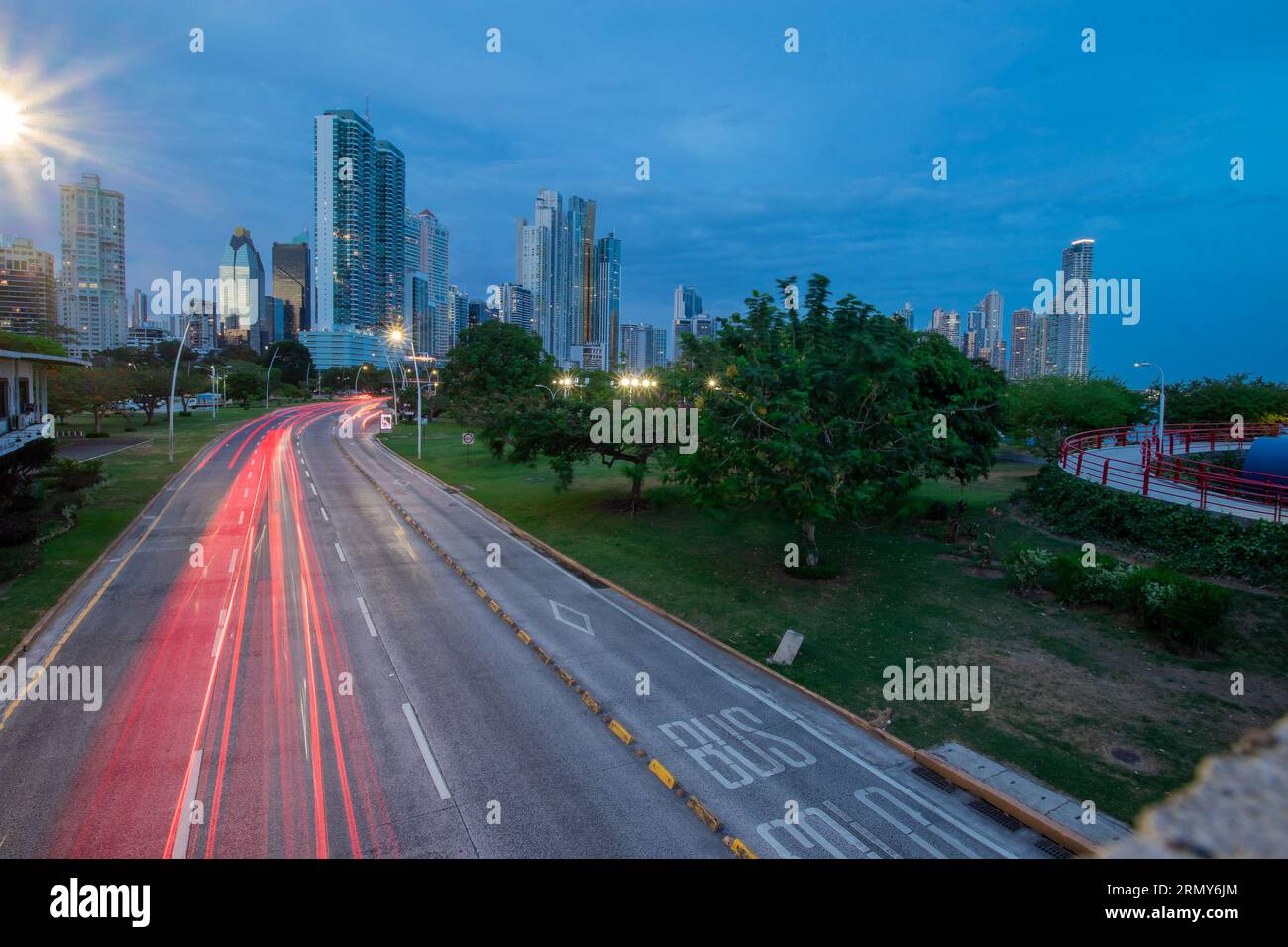 Night or evening cityscape of Panama city with skyscrapers and ...