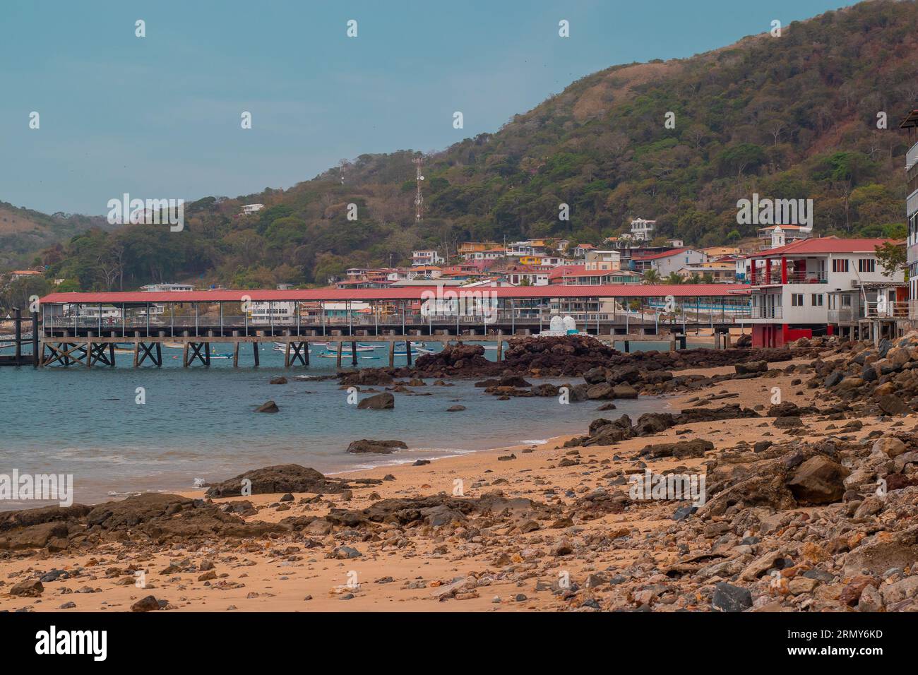 Panoramic view of Taboga island and its main pier where ships and boats ...