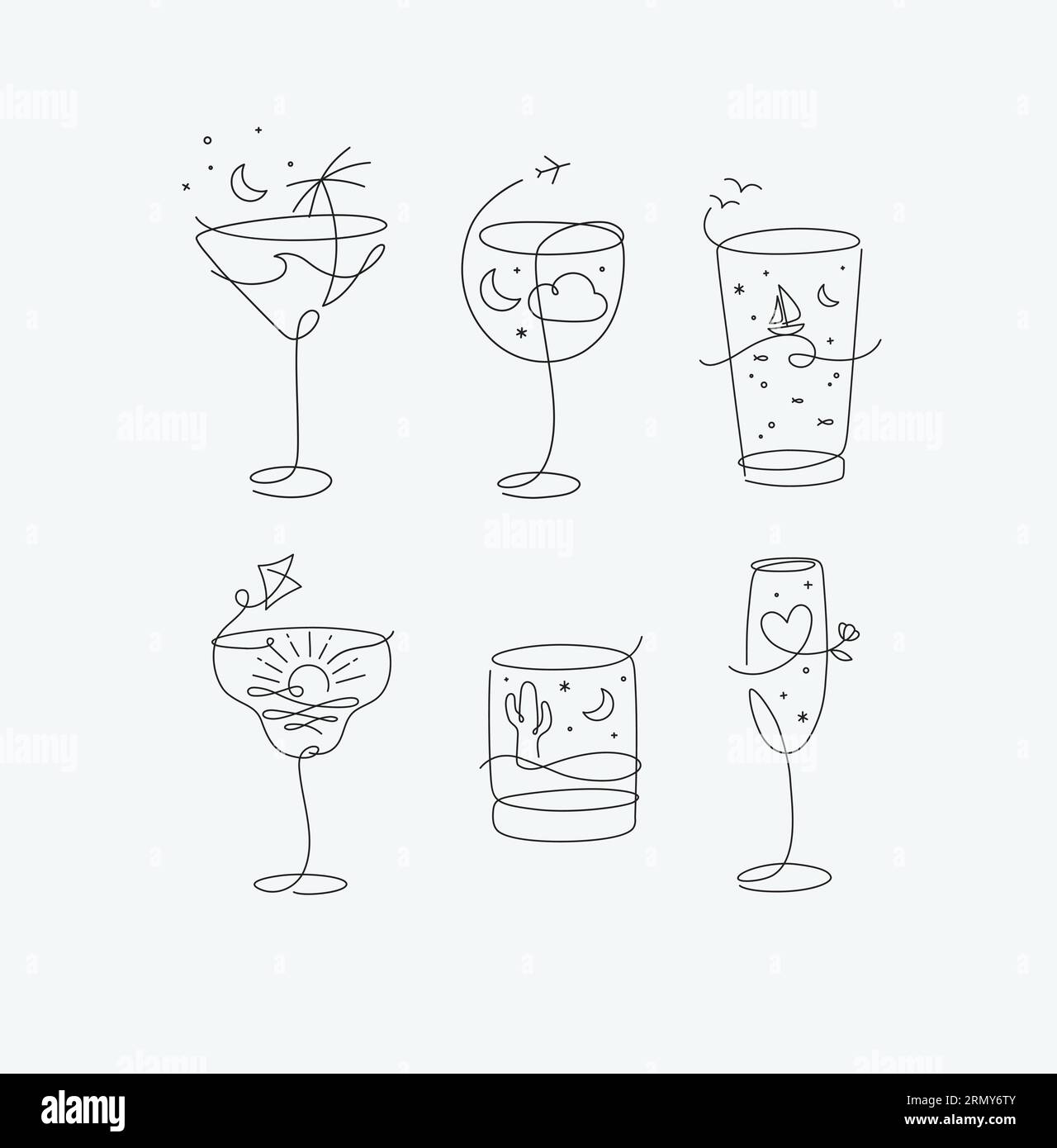 Cocktail glasses vacation holiday theme in line style drawing on grey ...