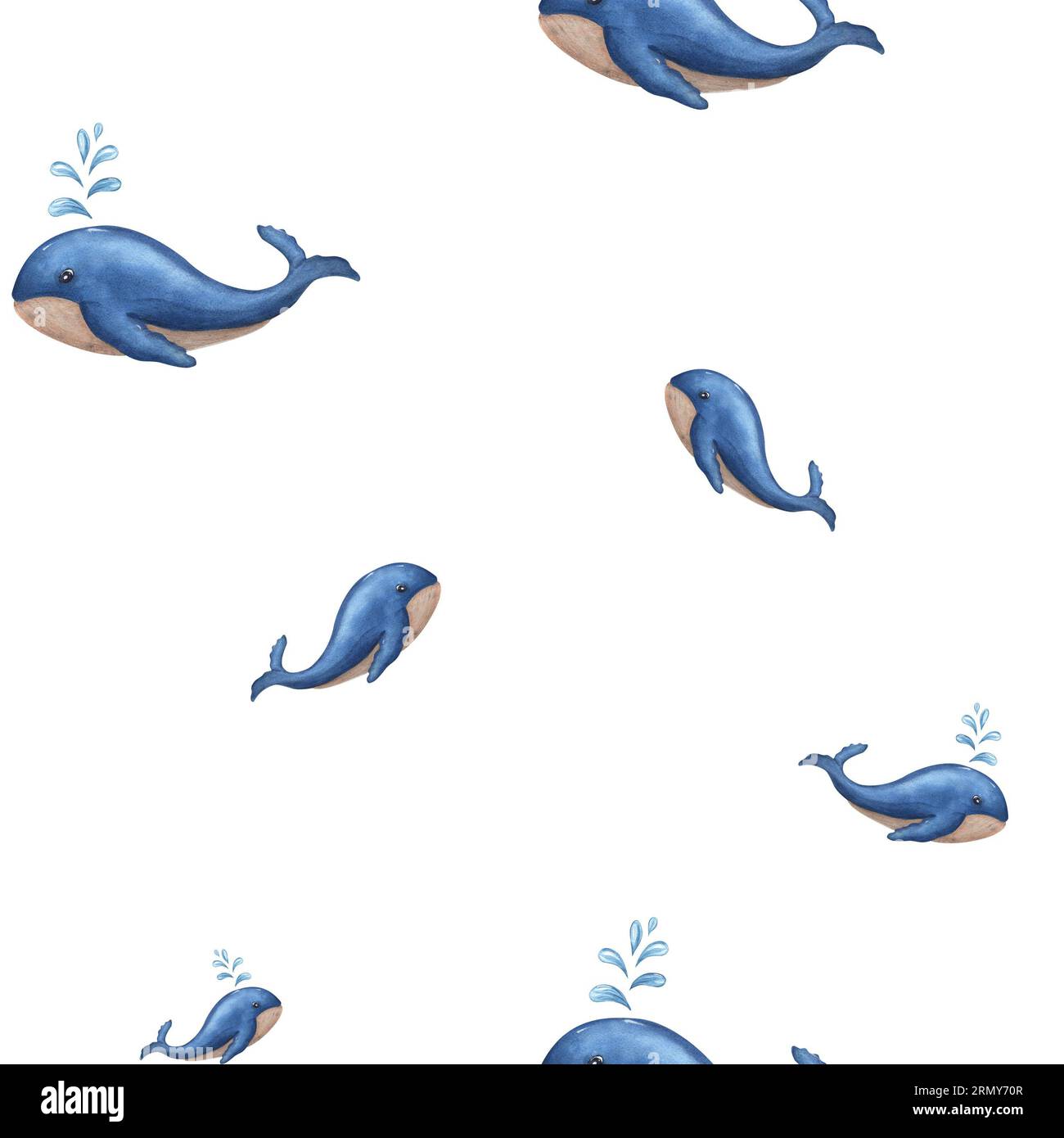Swimming blue whales. Seamless pattern isolated on white. Sperm whale ...