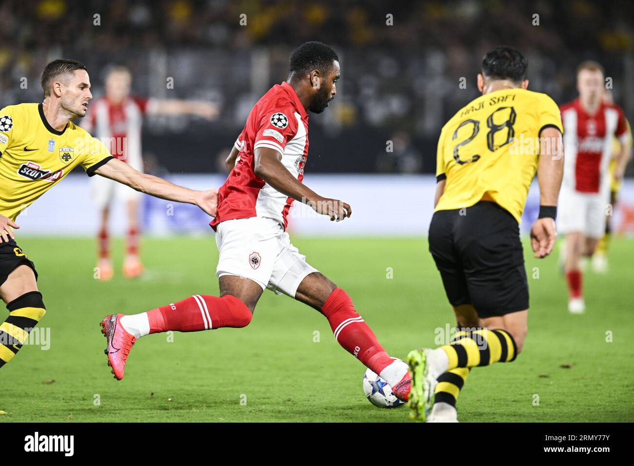 Athens, Greece. 30th Aug, 2023. Antwerp's Gyrano Kerk pictured in action during a soccer game ...