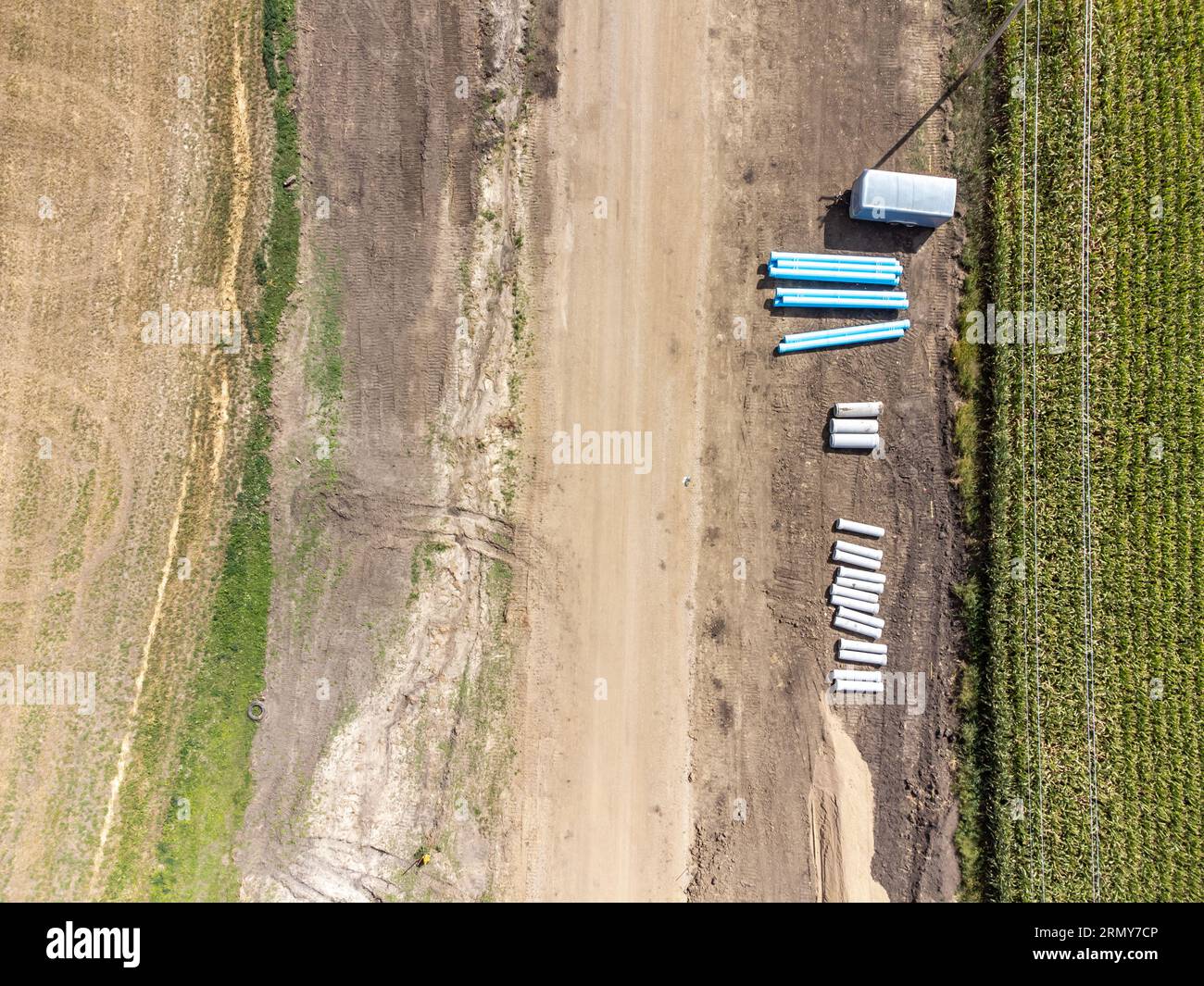 aerial view of water main pipe stacked at a construction site Stock ...