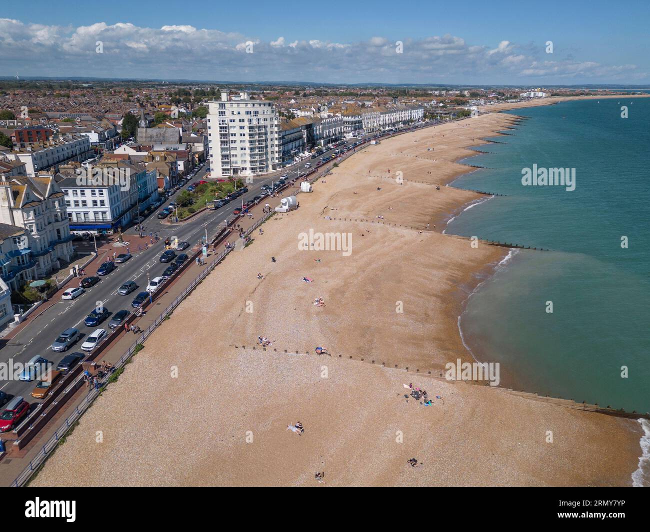 Aerial view of the beach east of the pier at Eastbourne, East Sussex ...