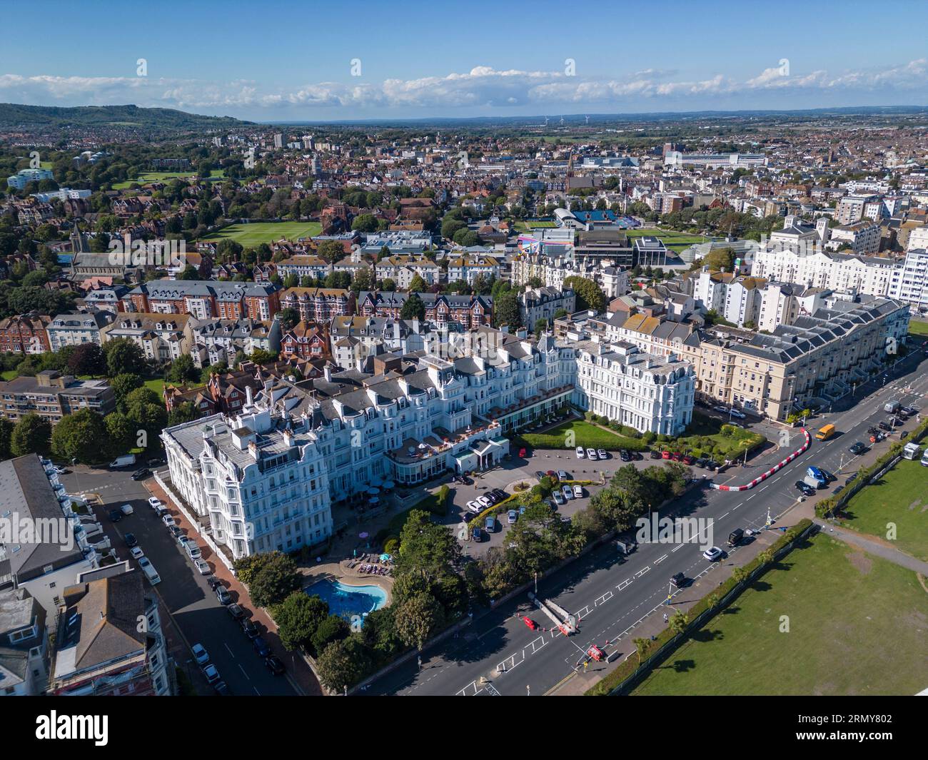 Aerial view of the hotels and property on the seafront at Eastbourne ...