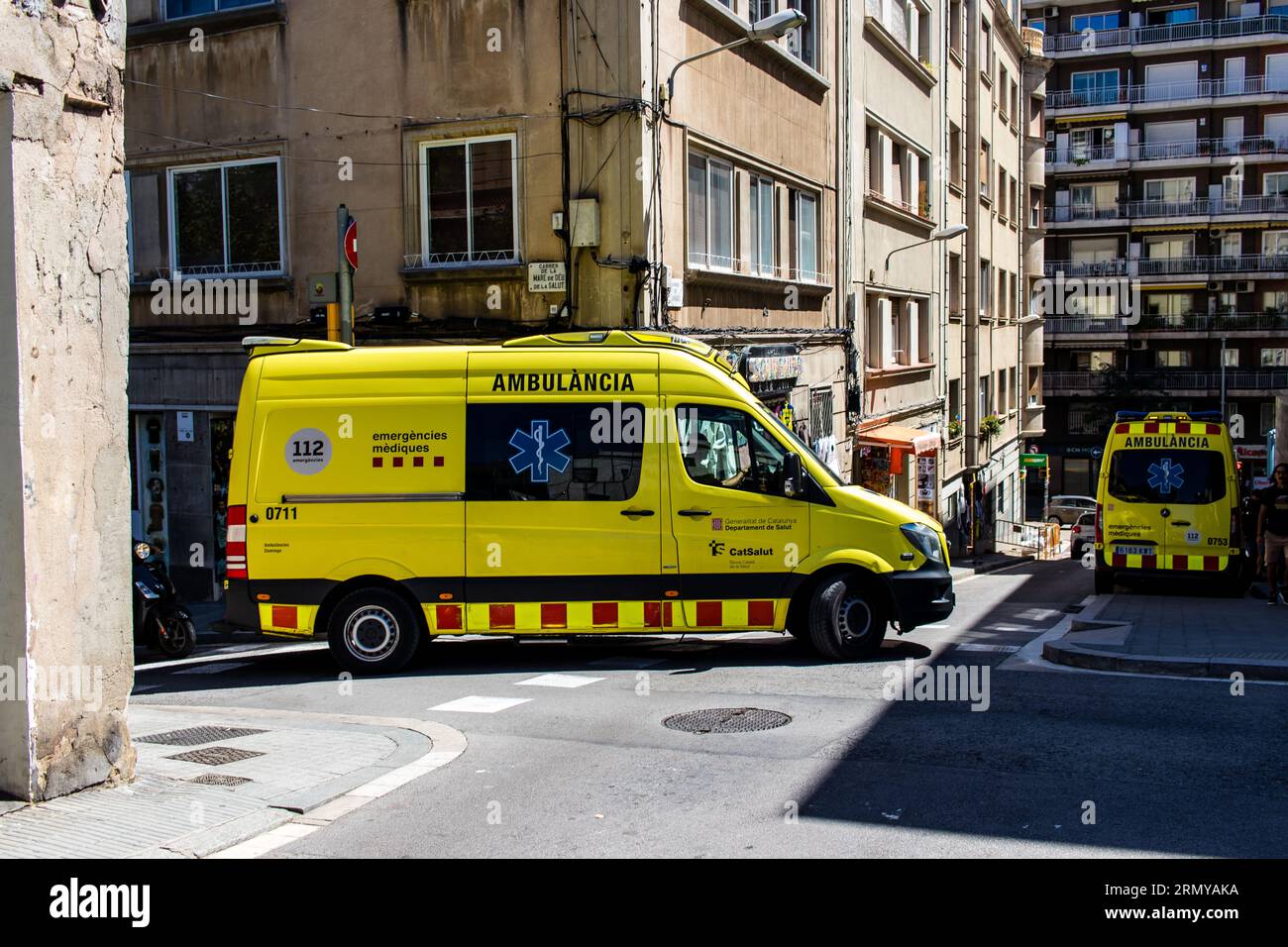 Barcelona, Spain - August 28, 2023 Ambulance driving in the city center ...