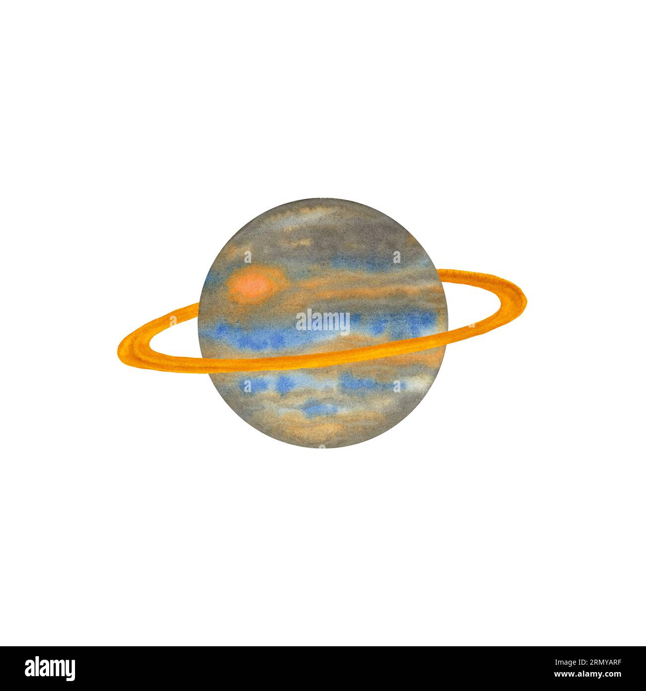 Cartoon of planet Jupiter with rings, solar system planets. Science and education. Watercolor ...