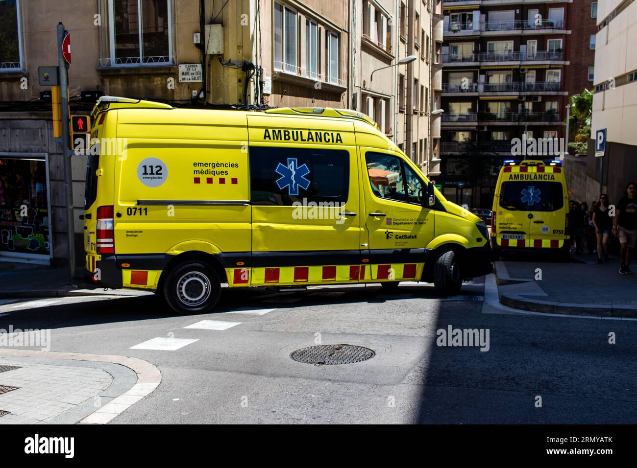 Barcelona, Spain - August 28, 2023 Ambulance driving in the city center ...