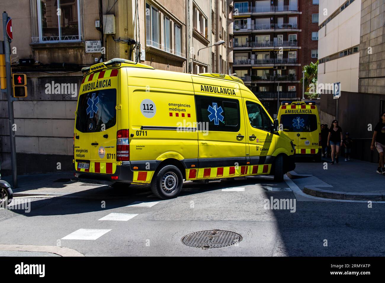 Barcelona, Spain - August 28, 2023 Ambulance driving in the city center ...