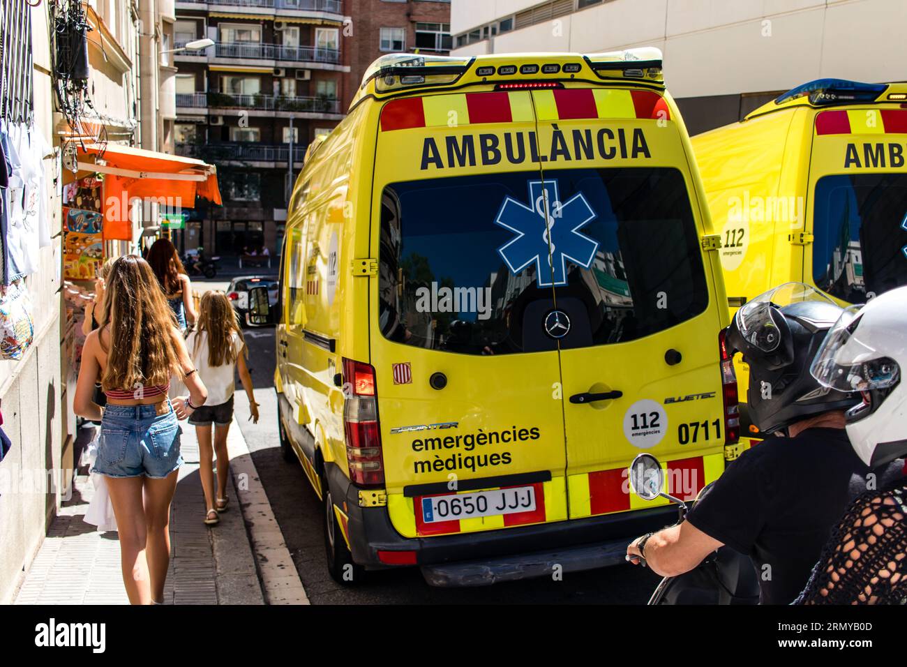 Barcelona, Spain - August 28, 2023 Ambulance driving in the city center ...