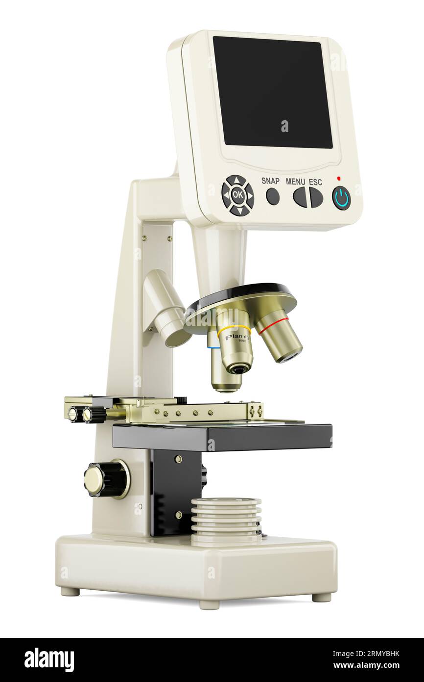 Digital microscope with screen, 3D rendering isolated on white ...