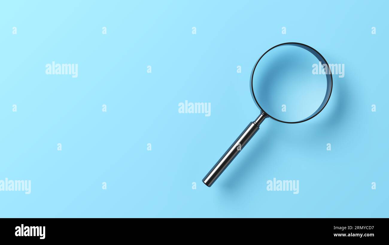 Magnifier on blue background. Isolated. 3d illustration Stock Photo - Alamy