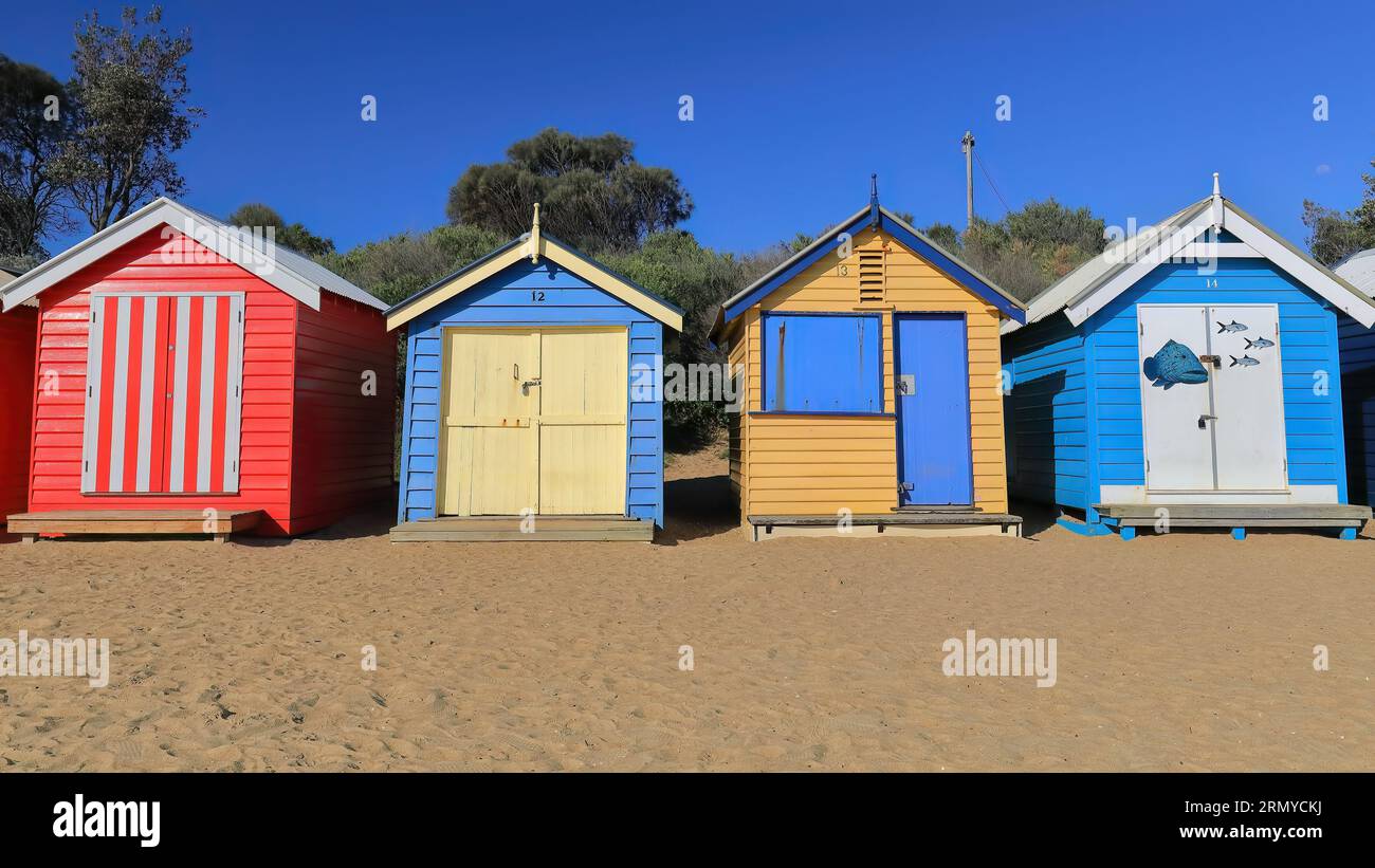 897 Partial row of the 82 brightly painted Victorian bathing boxes on ...