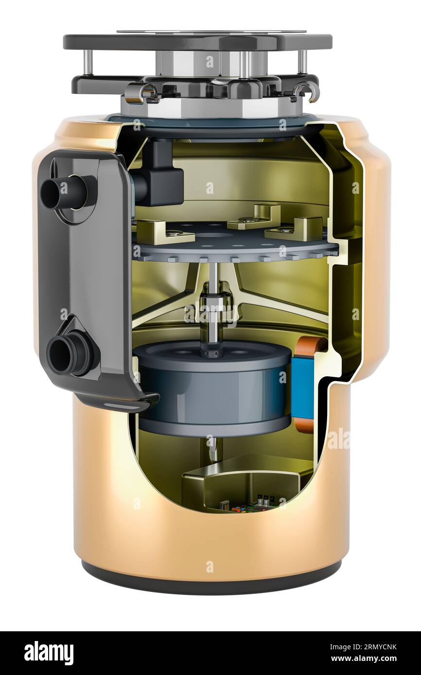 Garbage disposal unit in section, 3D rendering isolated on white ...
