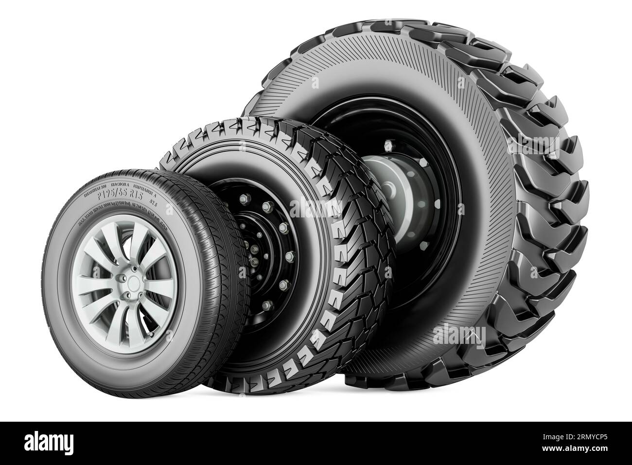 Car wheel, trucks wheels. Auto wheels of various sizes, 3D rendering ...