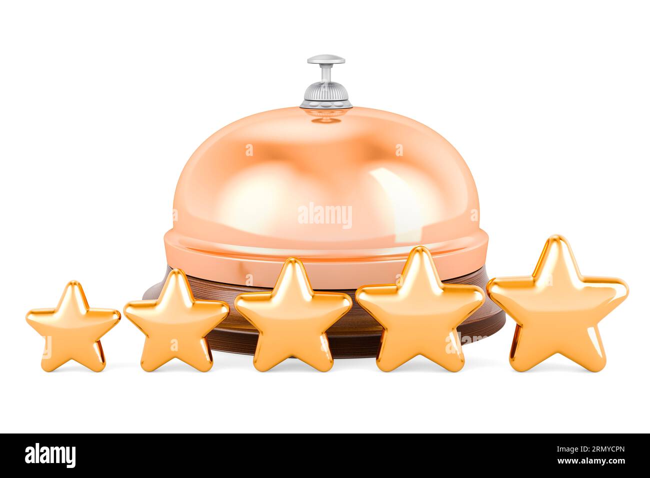 Reception bell with five golden stars, 3D rendering isolated on white ...